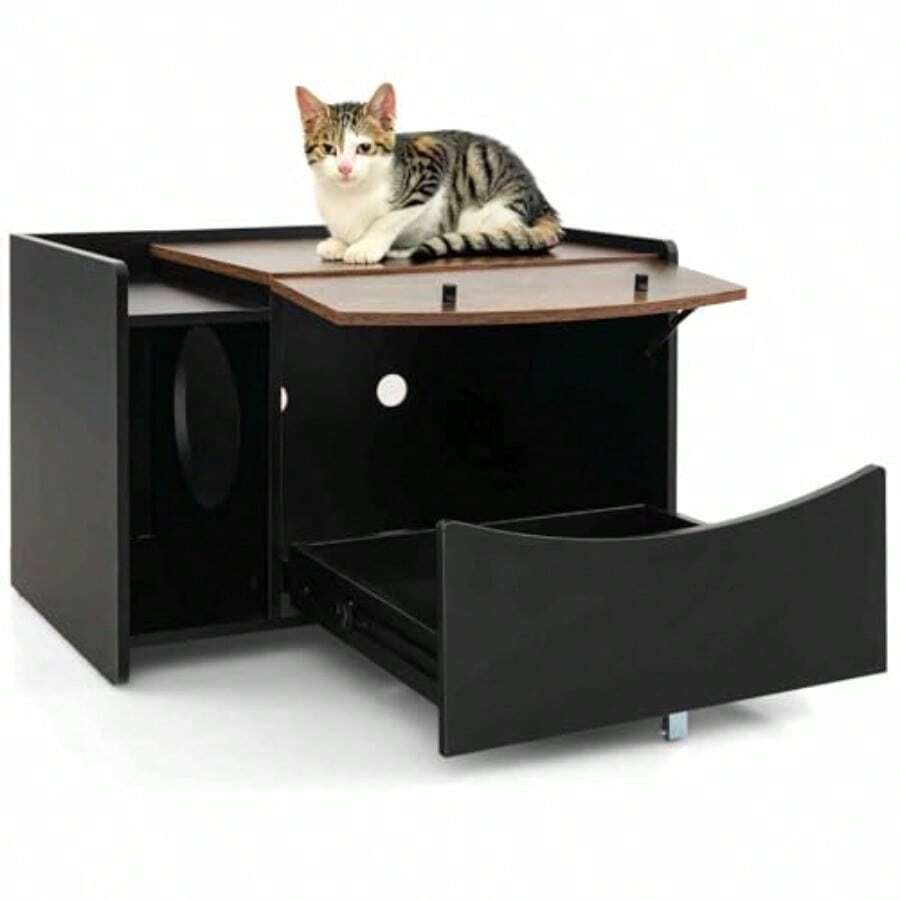 Costway Cat Litter Box Enclosure With PullOut Drawer Rolling Caster ...
