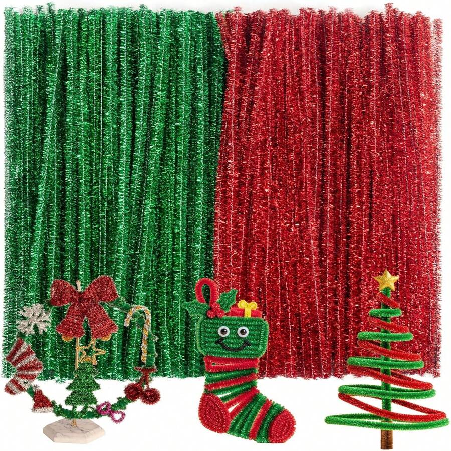 200 Pieces Glitter Red & Green Pipe Cleaners, Thick Fluffy Chenille ...