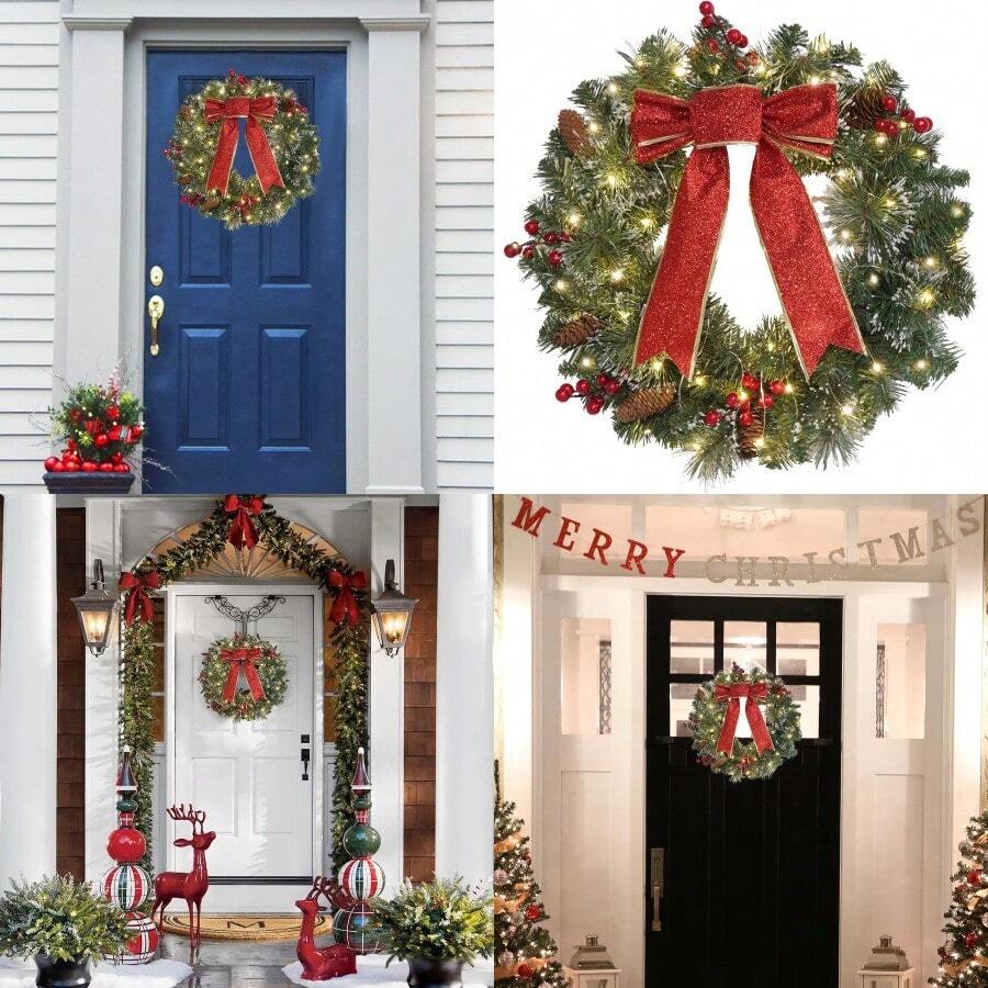16-Inch Pre-Lit Winter Wreath - Large Christmas Door Wreath Front Door ...