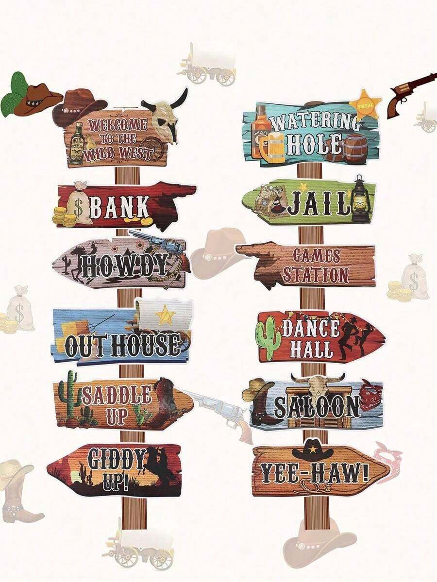 12pcs Western Cow Theme Directional Road Signs, Cow Birthday Party ...