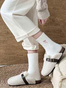 2/5 Pairs Of White And Pink Fuzzy Women's Crew Socks, Bow Pattern Warm ...