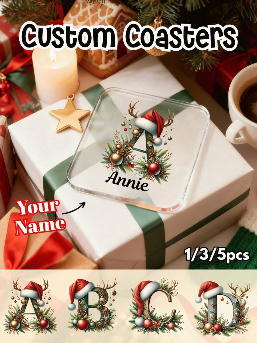 Custom Christmas Letter Acrylic Coasters With Personalized Text ...