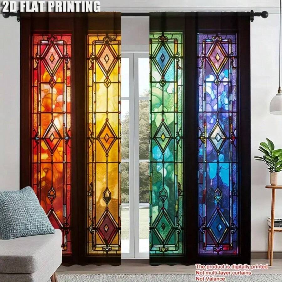 2pcs 2D Retro Color Flat Curtains - Blackout Polyester Fabric Curtains ...