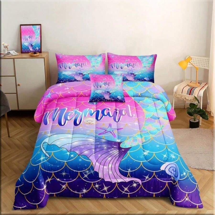 ROWADALO 6 Pieces Mermaid Scale Glitter Comforter Set Fish Scale Shell ...
