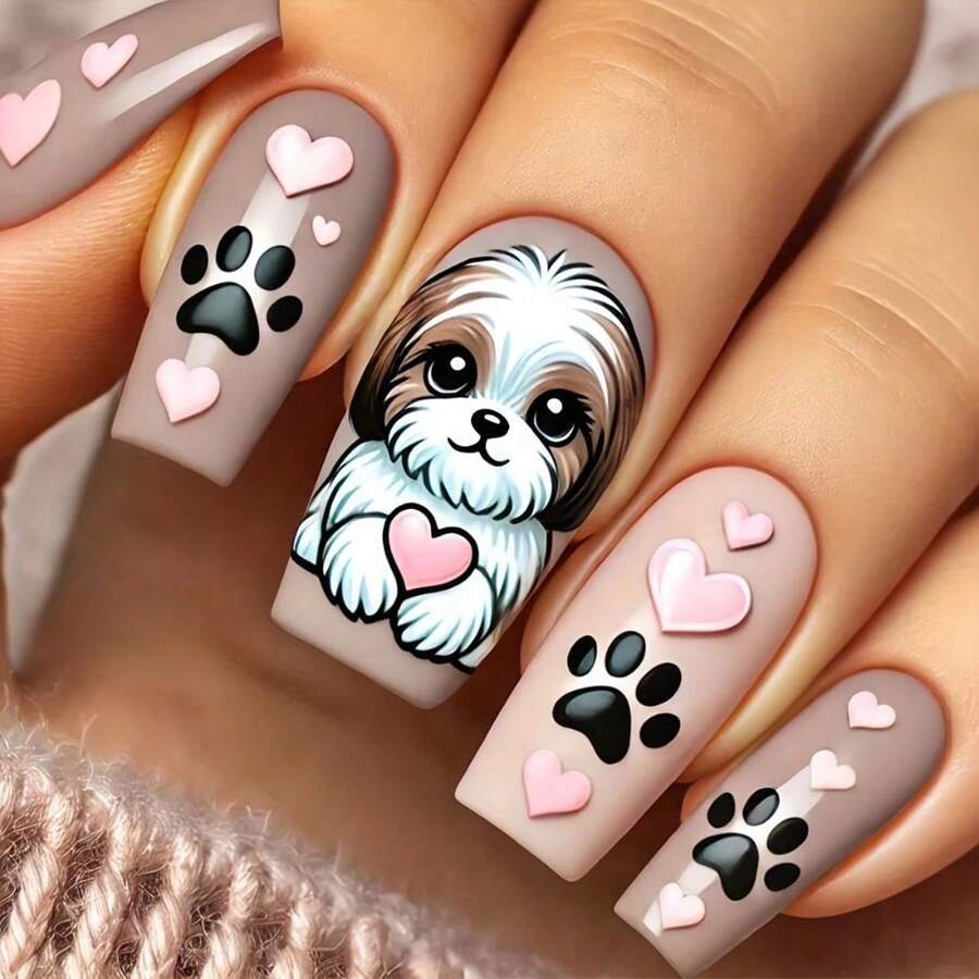 24 Cute Cartoon Dog Heart-Shaped And Square Nail Stickers With Jelly ...