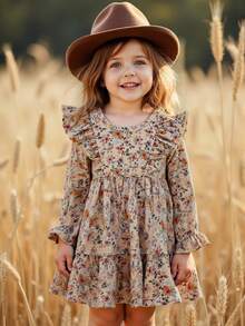 Baby Girls Floral Print Ruffle Hem Long Sleeve Waist Fit Mermaid Dress ...