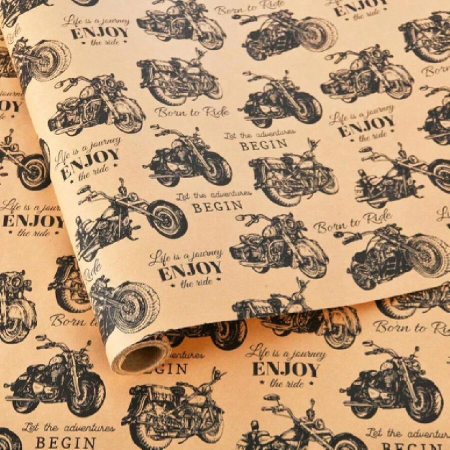 Motorcycle Wrapping Paper - 17" X 16.5 Feet -Vintage Bike Design Kraft ...