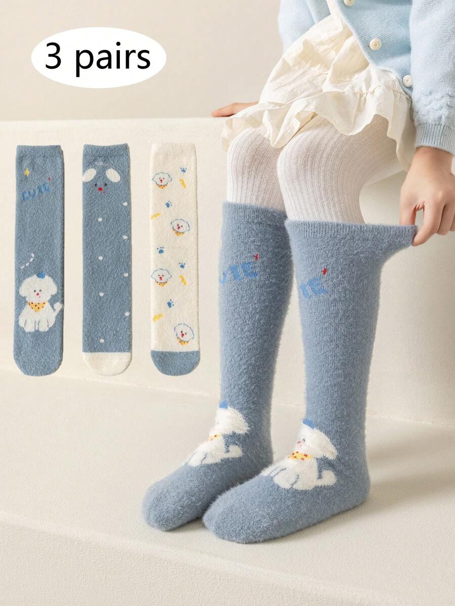 3 Pairs Kids Cute Cartoon Puppy Faux Fur (Non-Shedding) Thick Warm Mid ...