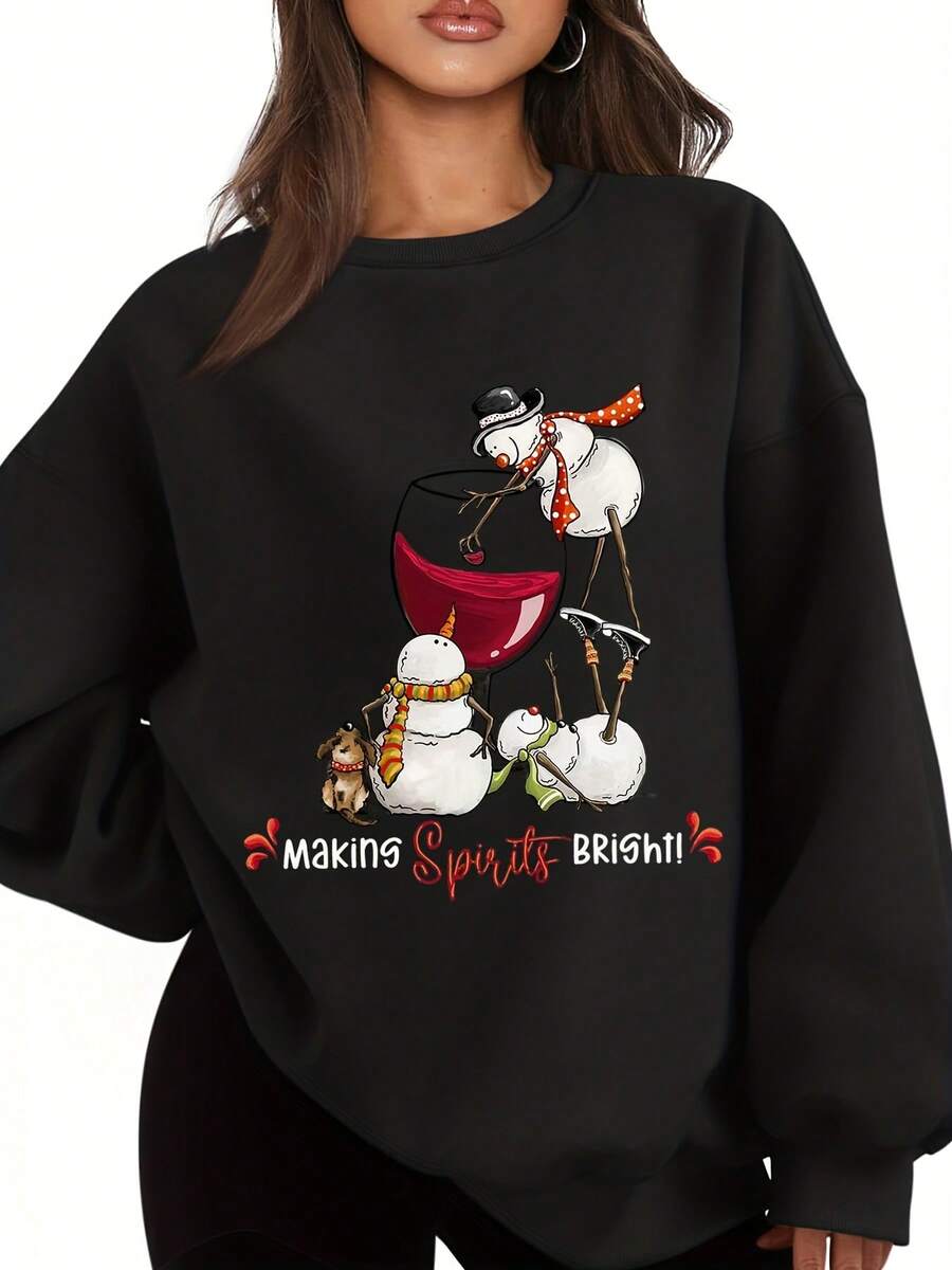 Christmas Snowman Wine Glass Making Spirits Bright Holiday Sweatshirt ...