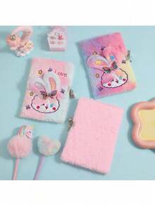 1 Set Cute Fluffy Cartoon Tie-Dye Rabbit Notebook + Fluffy Heart Pom ...