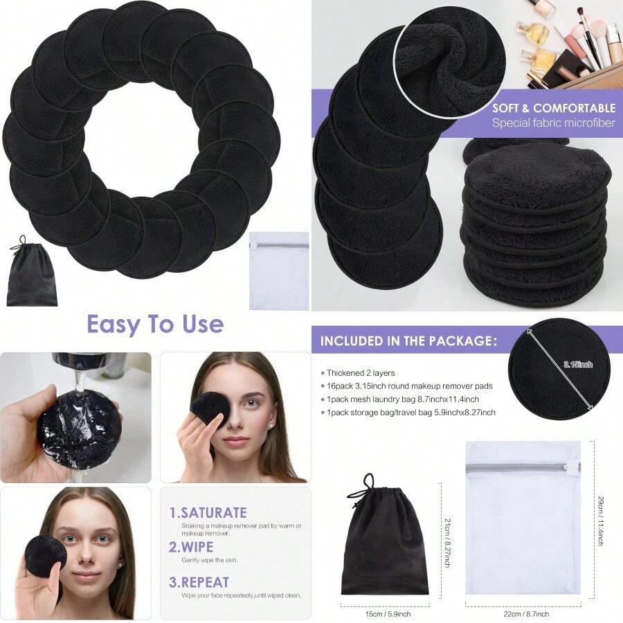 16 Pack Reusable Makeup Remover Pads Microfiber Facial Cleansing Pads ...