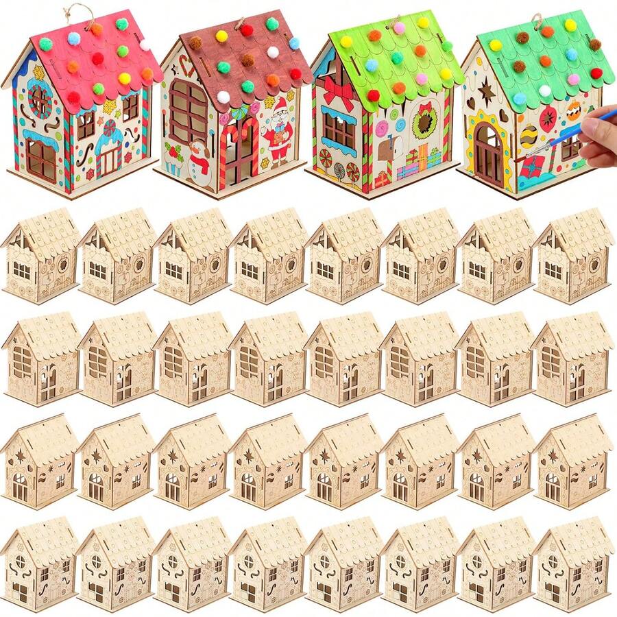 DoubleFill 24 Pcs Wood Gingerbread House Kit S Wooden Birdhouse Kits ...