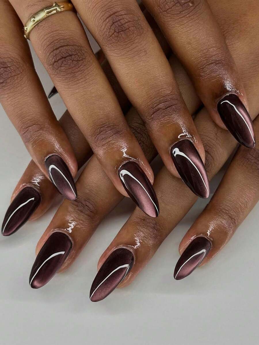 24pcs Y2K Style Glossy Almond-Shaped Nail Stickers, Brown Crystal Cat ...