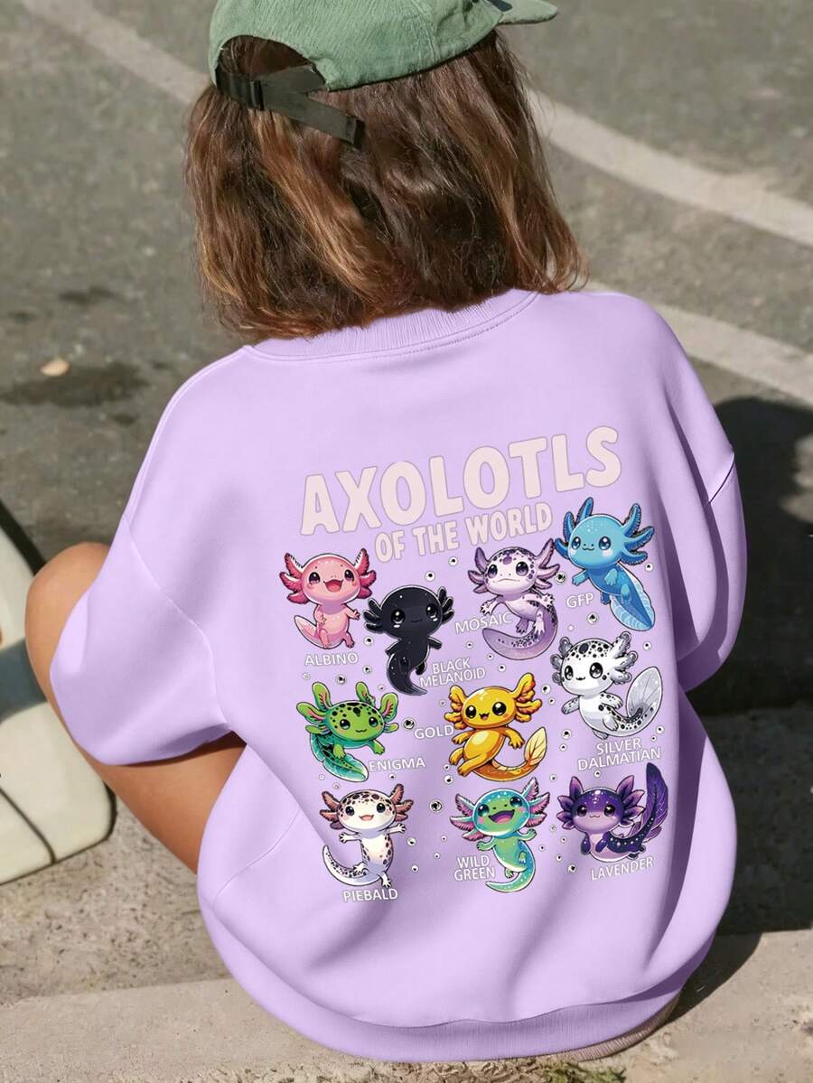 Tween Girl Cartoon Print Sweatshirt Crewneck Long Sleeve Drop Shoulder ...