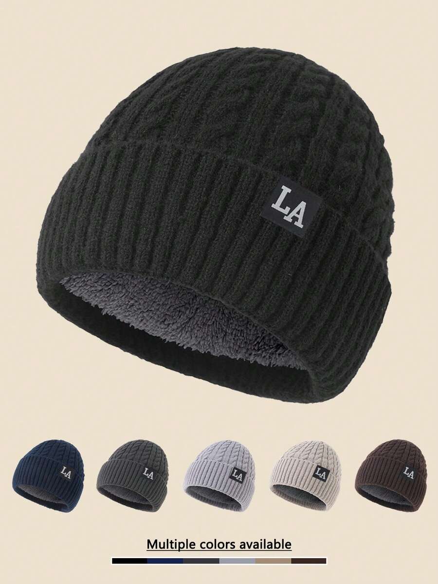 1pc LA Logo Knit Beanie, Thermal Lined Warm Soft Comfortable Winter Hat ...