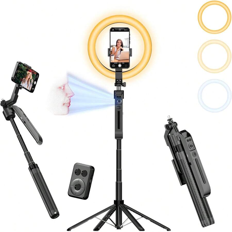 Auto Face Tracking Self Stick Tripod For IPhone With 10" Ring Light ...