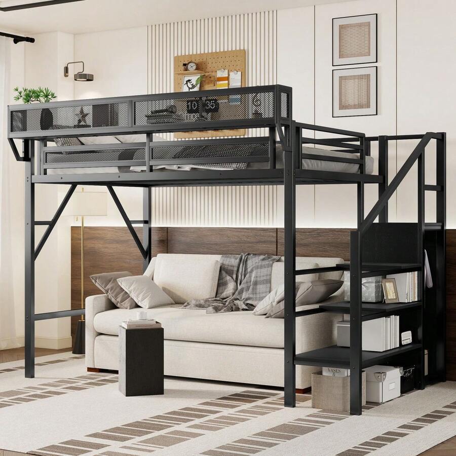 Twin XL Size Loft Bed With Stairs, Metal Full Loft Bed With Storage ...