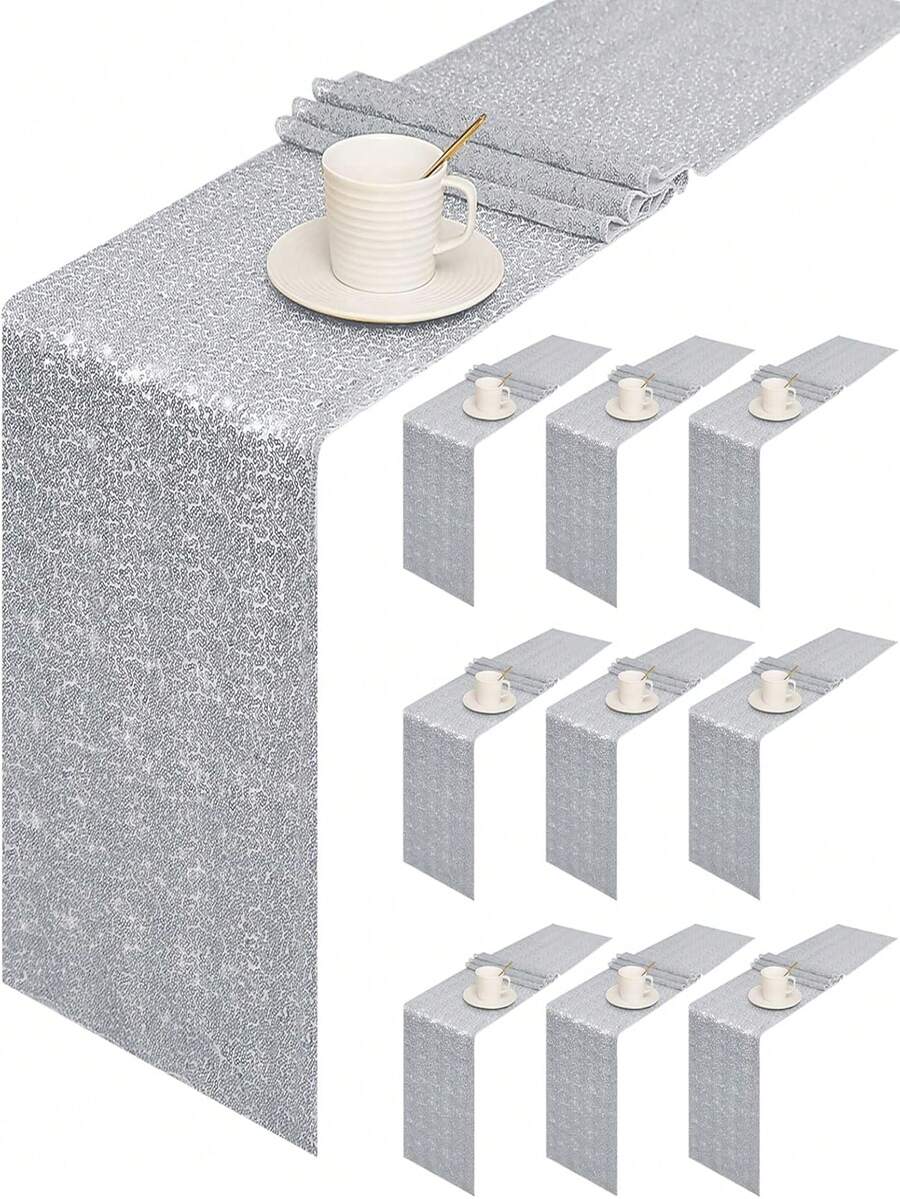 1pc Glitter Silver Table Runner For Rectangle Table For Birthday ...