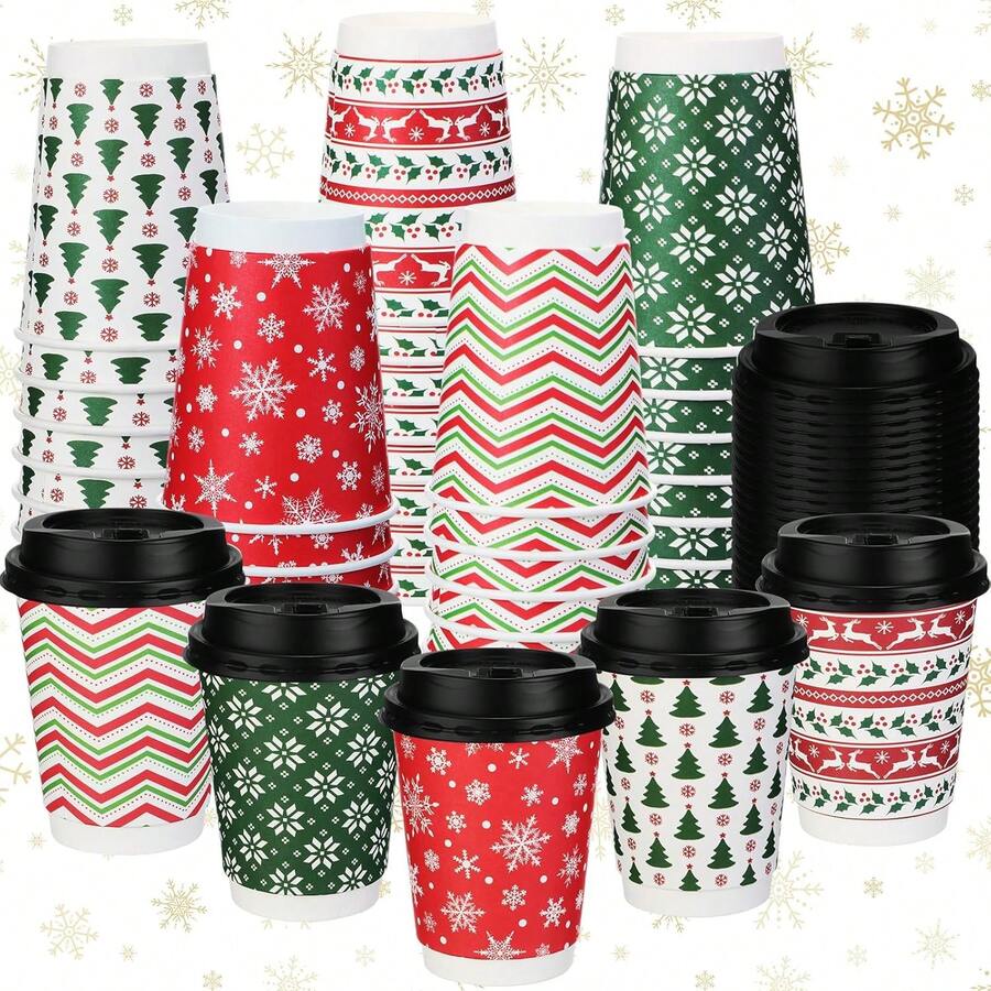 100 Pack 12oz Christmas Paper Cups With Lids Christmas Holiday Hot ...