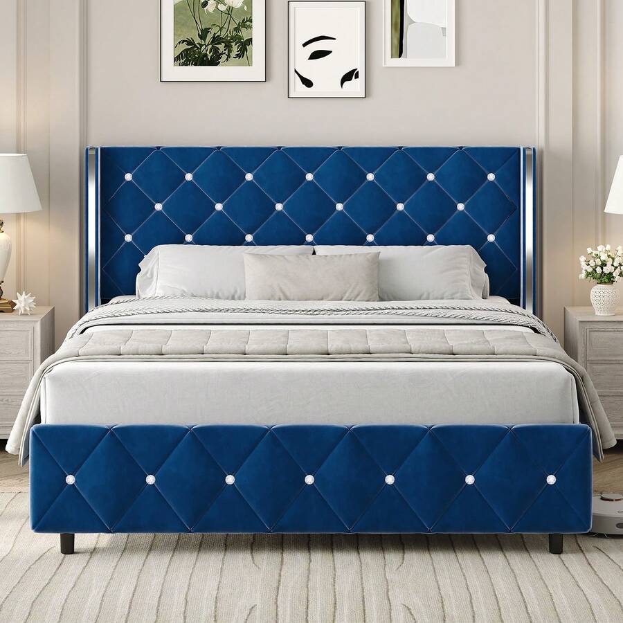 Bed Frame With Headboard, Velvet Upholstered Cama Queen, Camas Queen ...