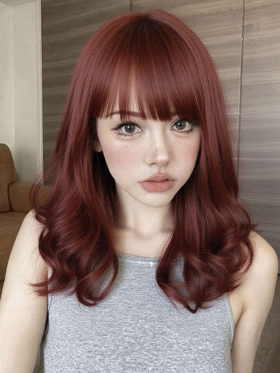 1PC Shoulder - Length Curly Wig With Bangs, Red - Brown, 14 Inches ...