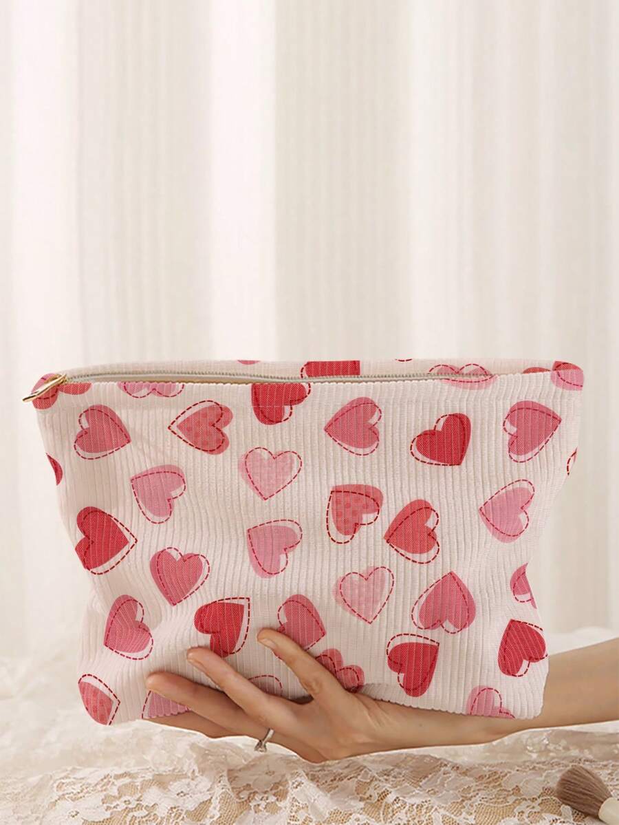 1pc Portable Heart Pattern Double-Sided Printed Zipper Cosmetic Bag ...
