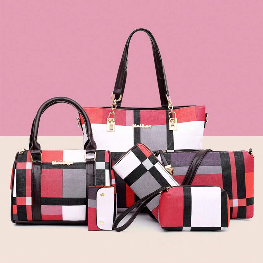 Women's Plaid Pattern 6-Piece Handbag Set With Tote, Bag, Wallet & More ...