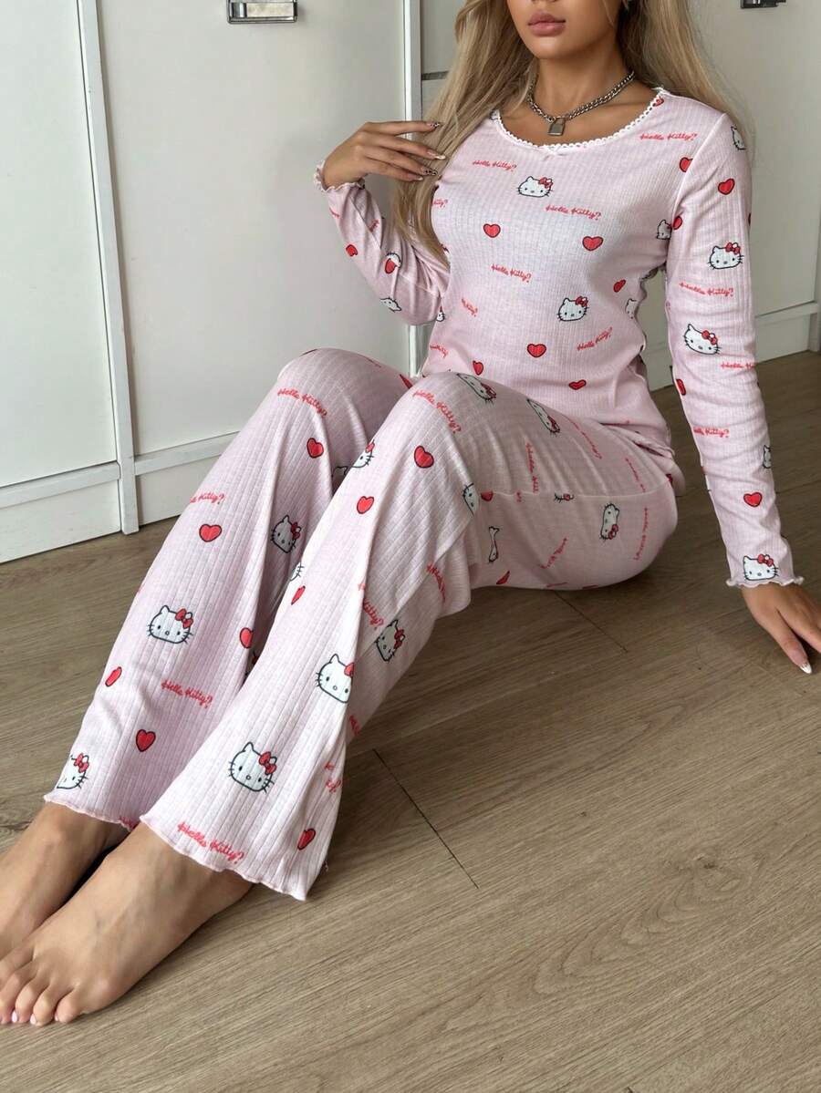 Sanrio 2 Stücke Hello Kitty Damen Bedruckter Rundhals Langarm Top + Elastischer Taille Hose ...