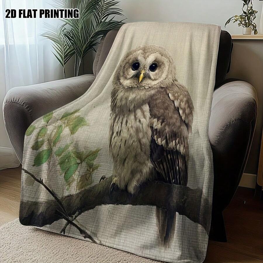 1 Piece Cute Owl Sitting On A Branch Printed Flannel Blanket Soft ...