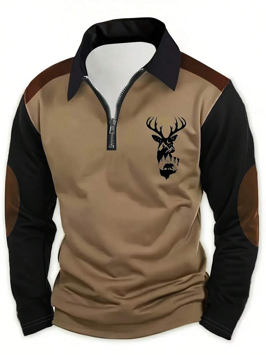Men's Polo Shirt, Colorblock Deer Print Half-Zip Collar Long Sleeve ...