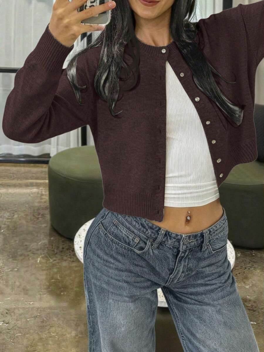 FOR BEAUTY Women's Round Neck Pearl Button Long Sleeve Knit Cardigan ...