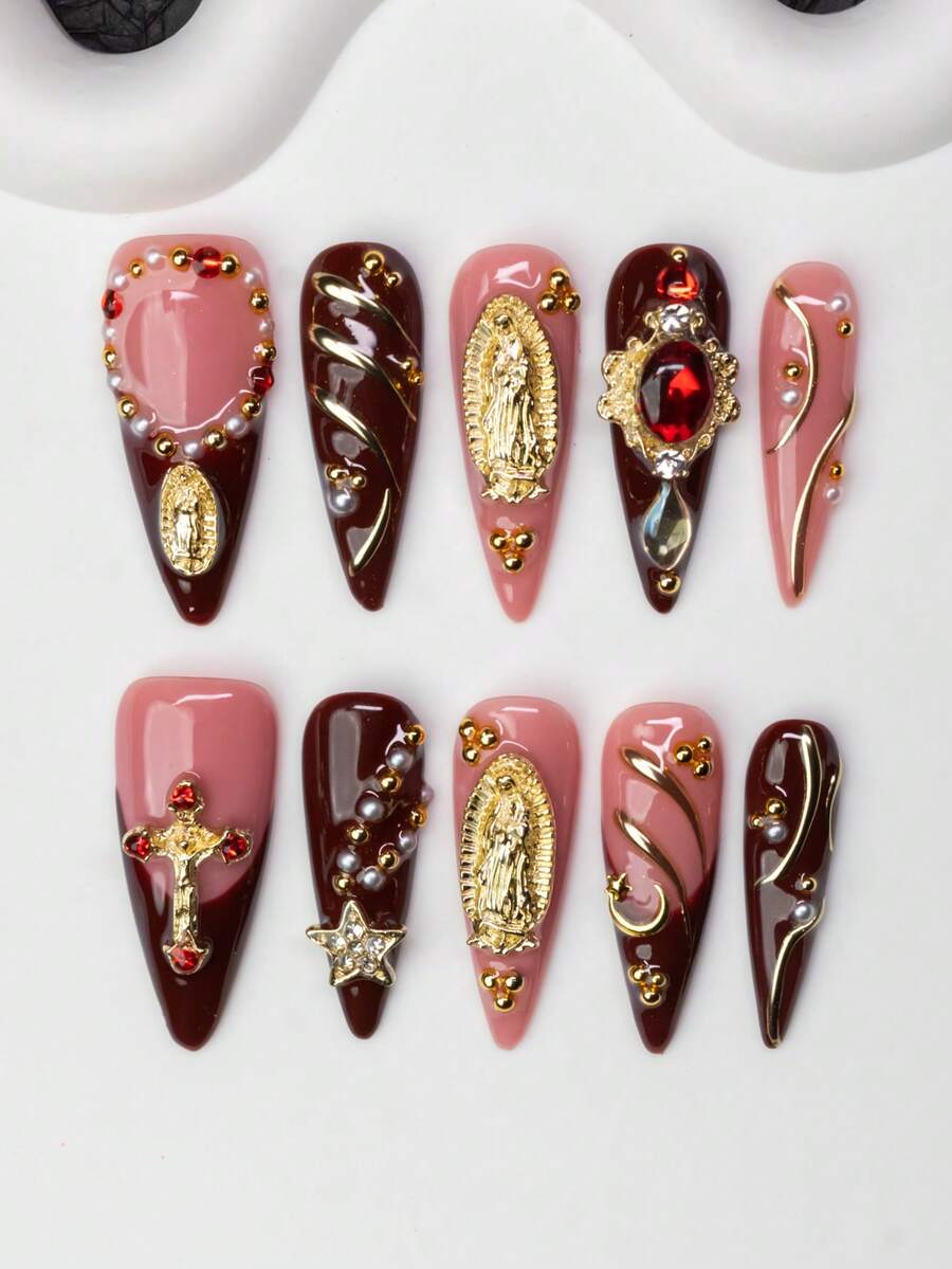 10 Peças/Conjunto de Unhas Postiças em Formato de Amêndoa Estilo Y2K ...