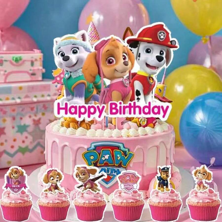 Pink Paw Patrol Theme Stitch Cake Toppers Banner Flag Decorations Party ...
