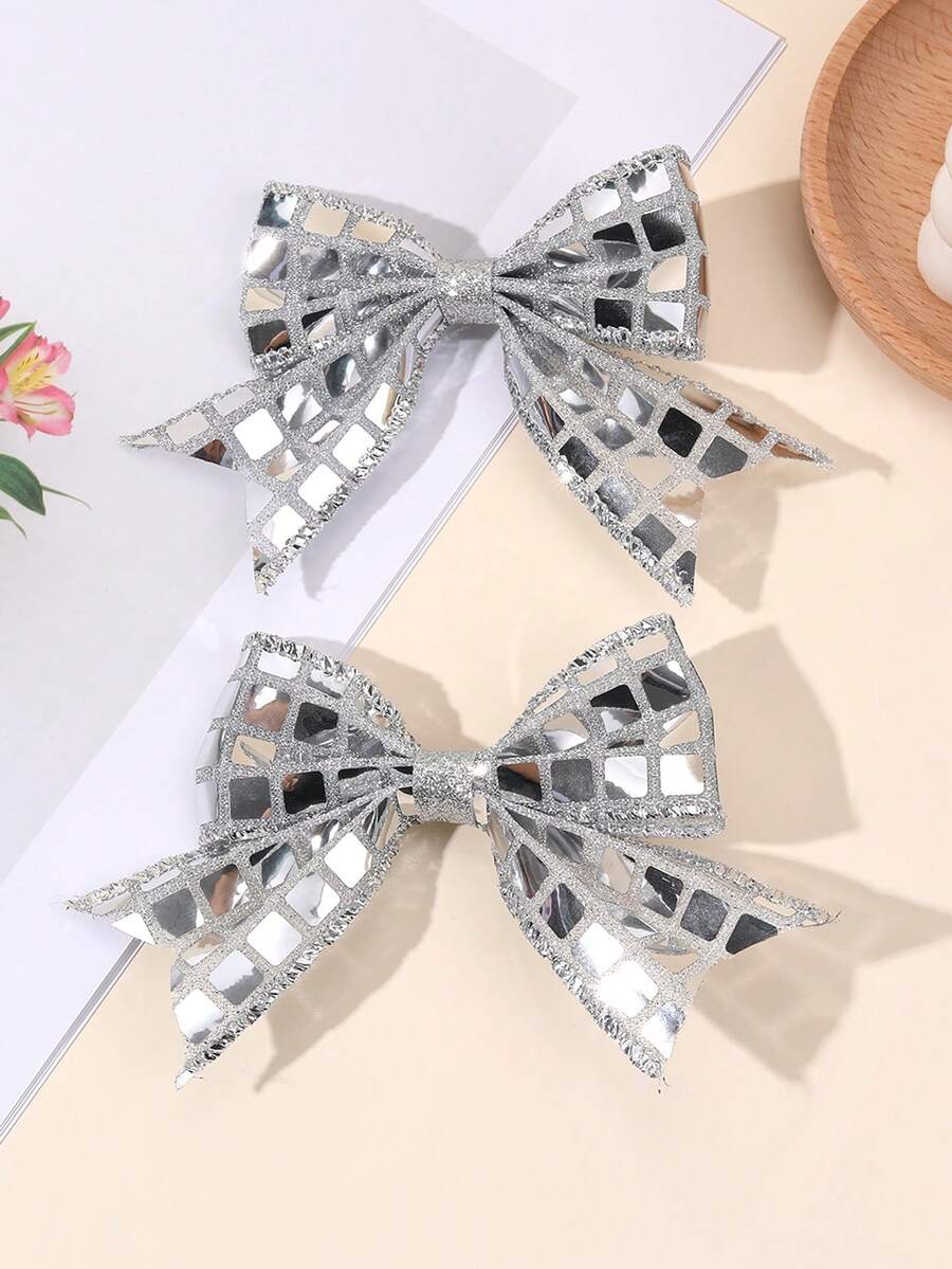 2pcs/6pcs Happy New Yearl Gold And Silver & Red Glitter Bow Hair Clips ...
