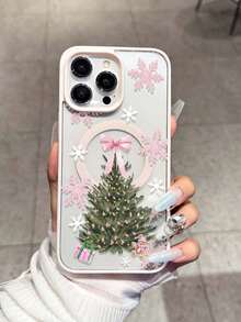 Pink Snowflake Christmas Tree Pattern Magnetic Ring Phone Case For ...