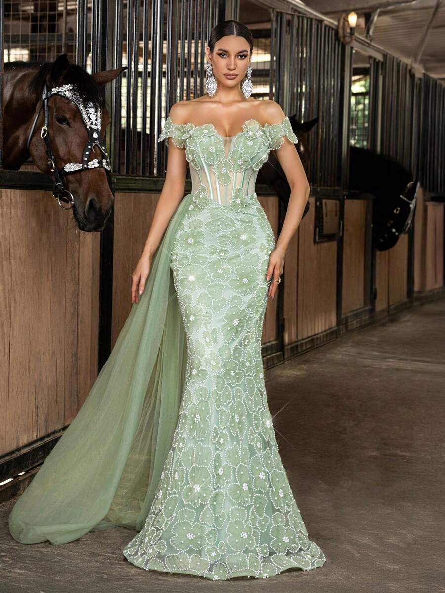 Stunning Floral Decorations Party Formal Dress Pearl Prom Evening Gown ...