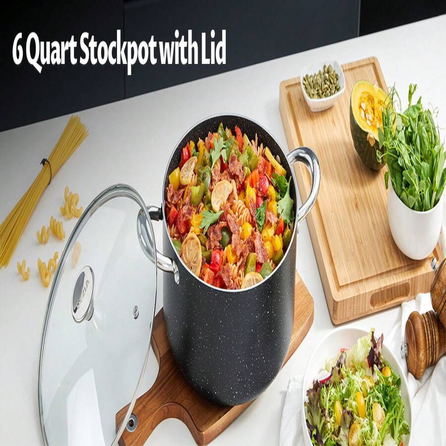 6 Quart Nonstick Stock Pot With Lid, Induction Cooking Pot Soup Pot ...