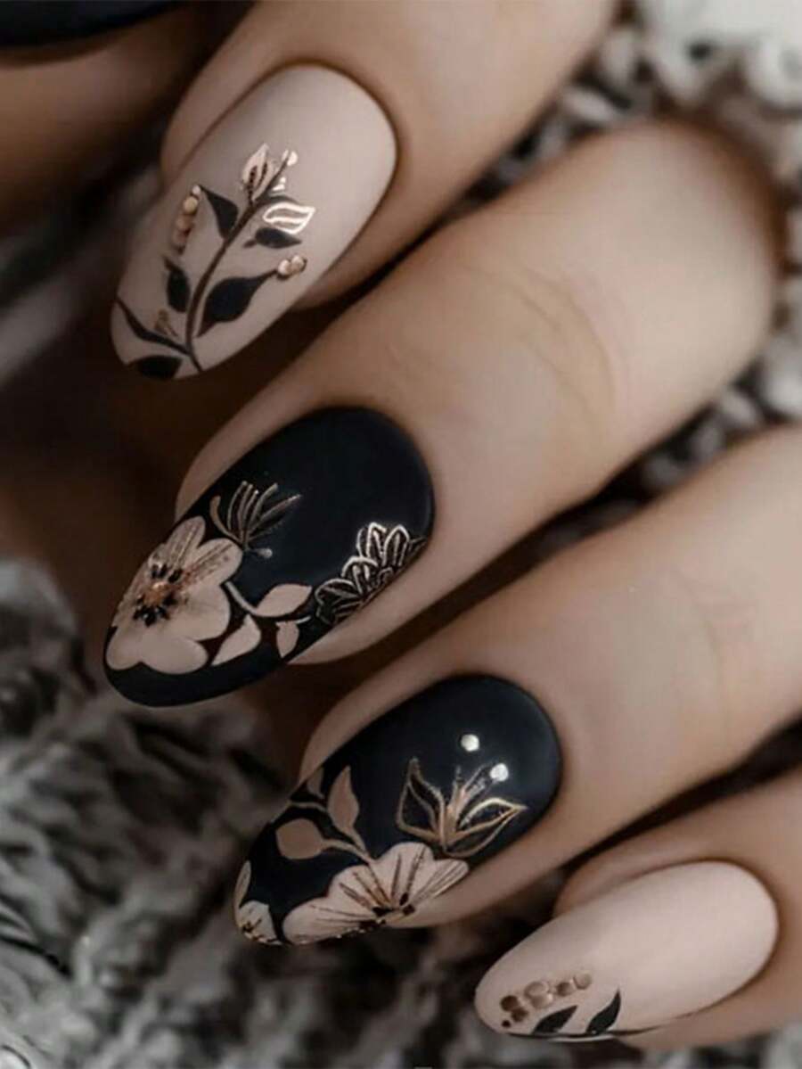 24pcs Almond Shaped 3D Gel Black French Manicure Nail Stickers ...