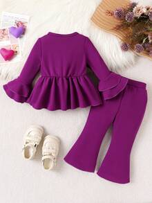 2pcs Baby Girls Elegant Cute Long Sleeve Top + Pants Set, Thin Solid ...