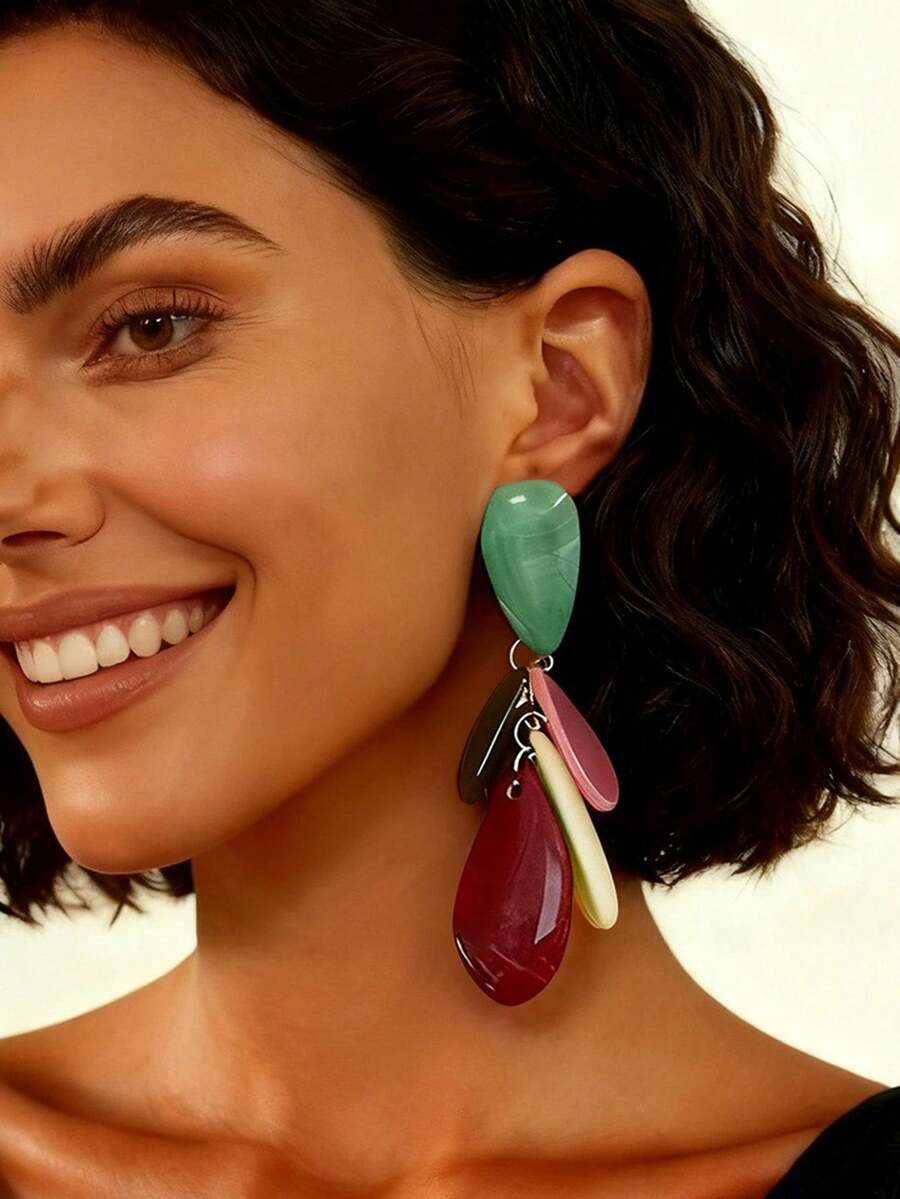 1 Pair Asymmetrical Geometric Resin Earrings, Colorblock Jelly Color ...