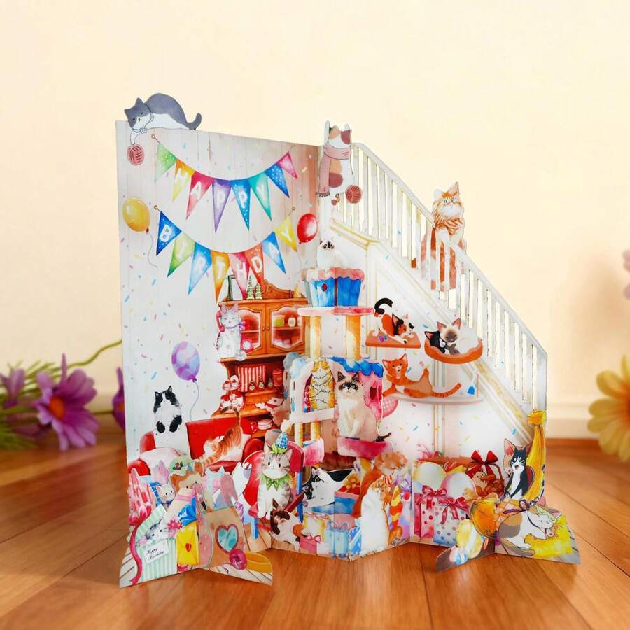 3D Pop-Up Birthday Card With Adorable Cats, Featuring Birthday Flags ...