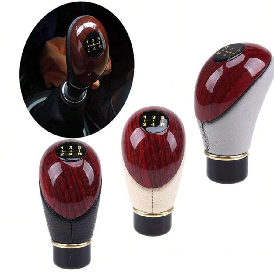 Car Shift Knob Wooden PU Leather Universal Car Truck 5 Speed Lever ...