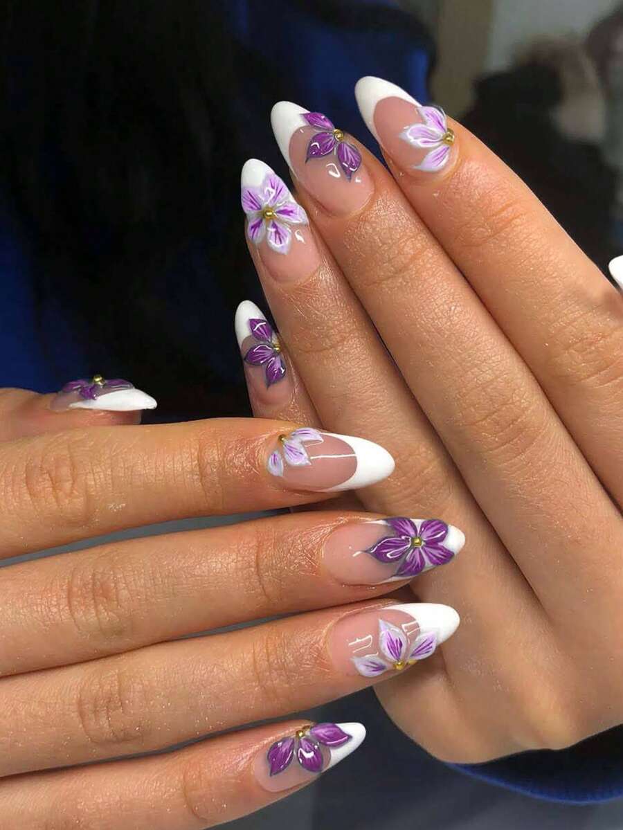 24pcs Almond Shaped 3D Gel Nail Stickers, Pearl Flower Nail Decor ...