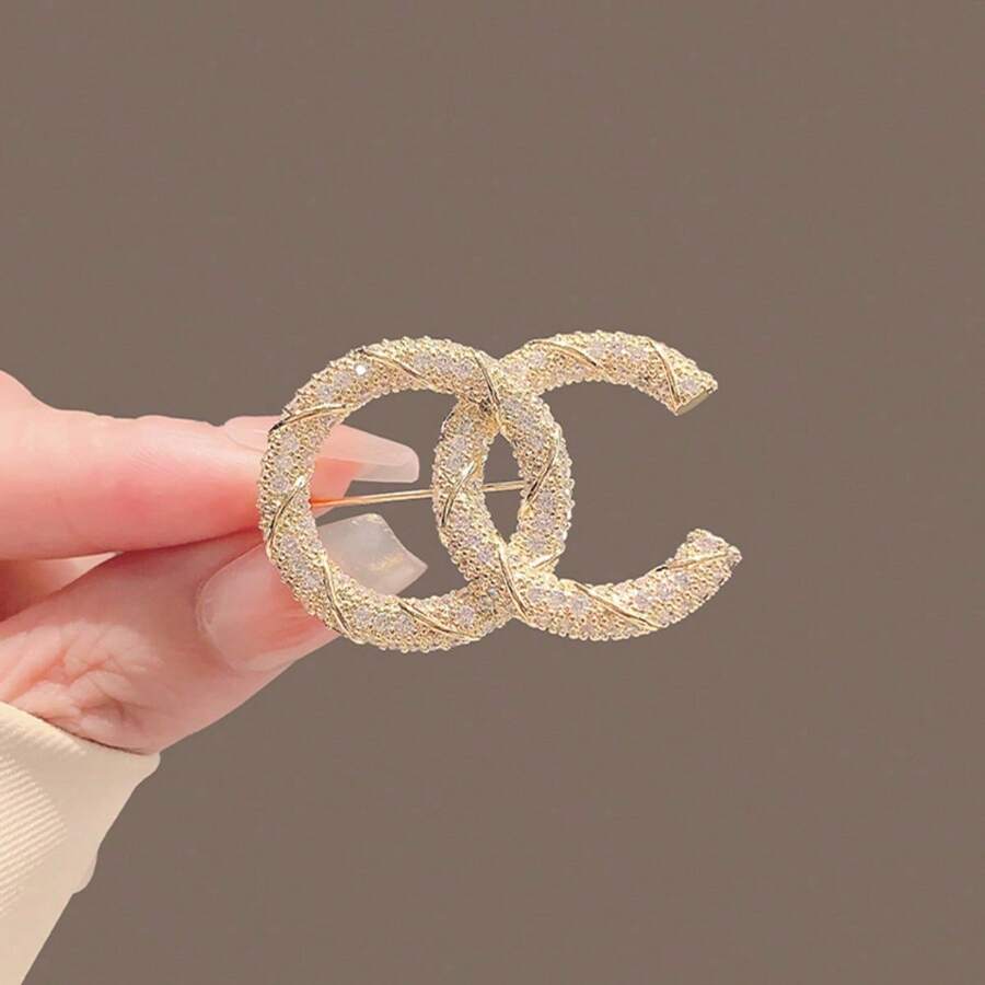 1pc Interlaced C Brooch For Women, Textured Double C With Full Crystal ...