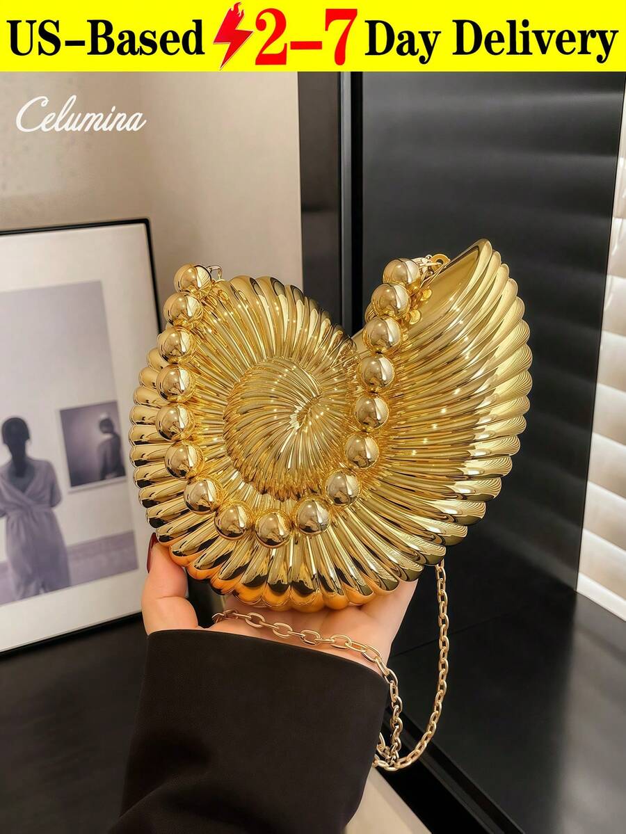 Gold Conch Shaped Shoulder Bag With Removable Shoulder Strap, Crossbody ...
