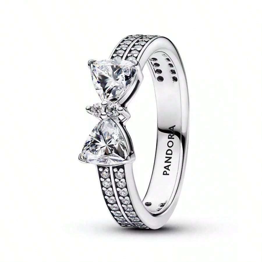 Pandora Anillo de doble fila con lazo brillante de plata esterlina ...