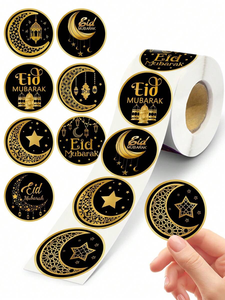 500 Stücke Eid Mubarak runde Aufkleber, schwarzes goldenes Mond Stern ...