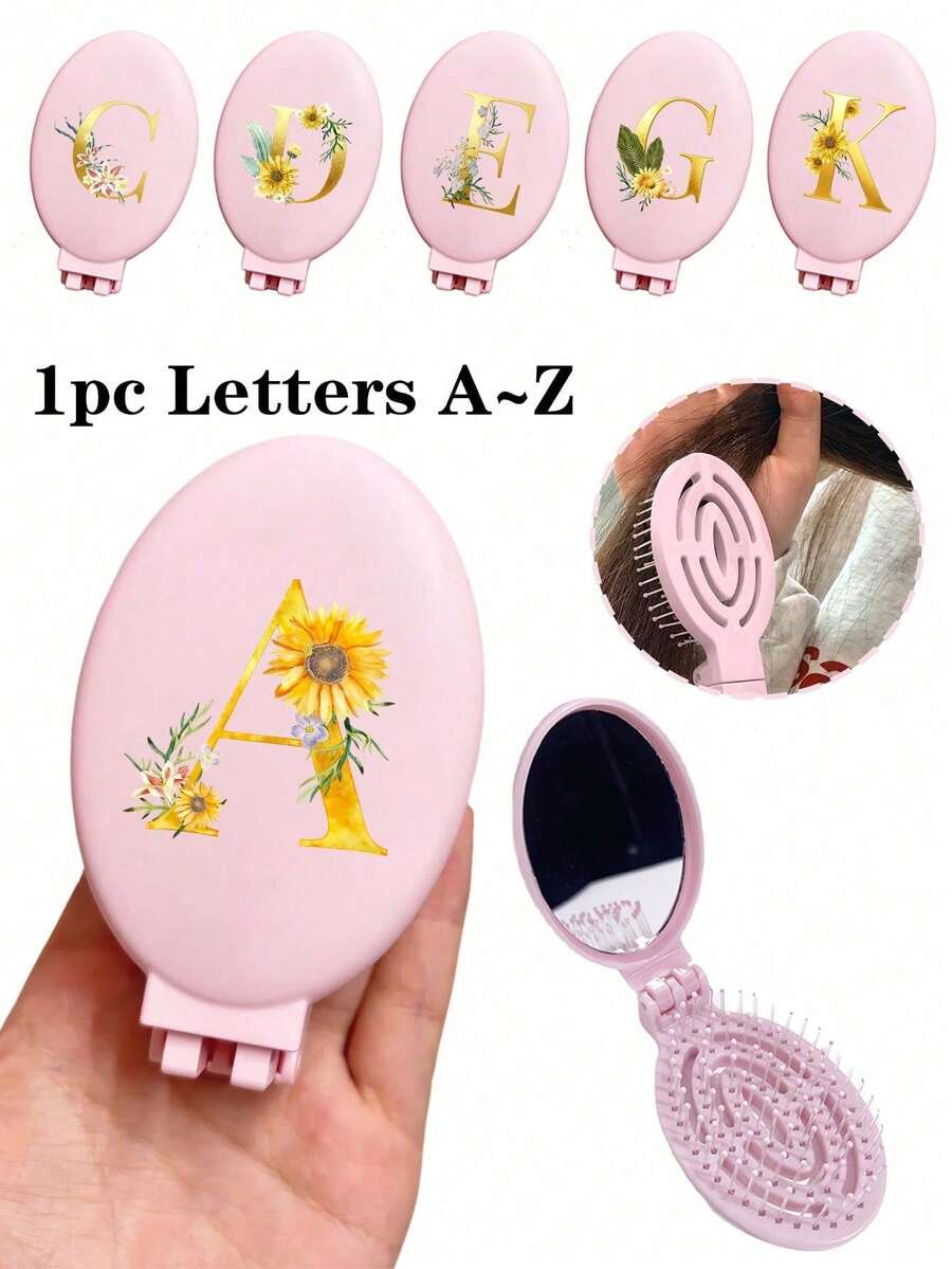 Peine portátil hueco rosa con letra dorada de margarita A-Z, espejo ...