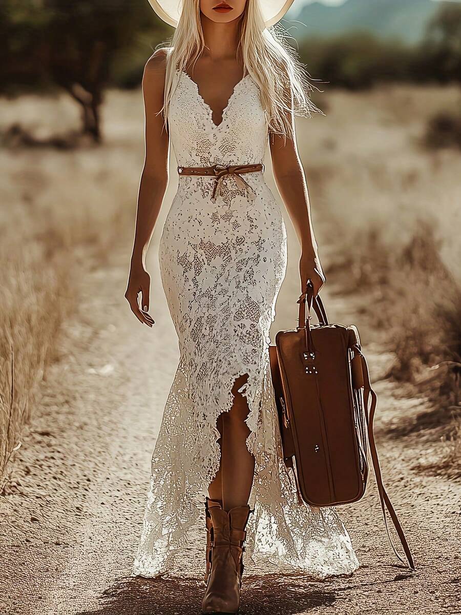 Women's Elegant Vintage Bohemian White Lace Sleeveless Long Dress ...