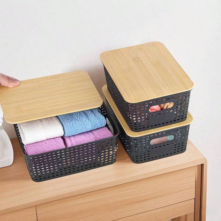 6 Pack Plastic Storage Baskets With 30pcs Labels Bamboo Lid Containers ...